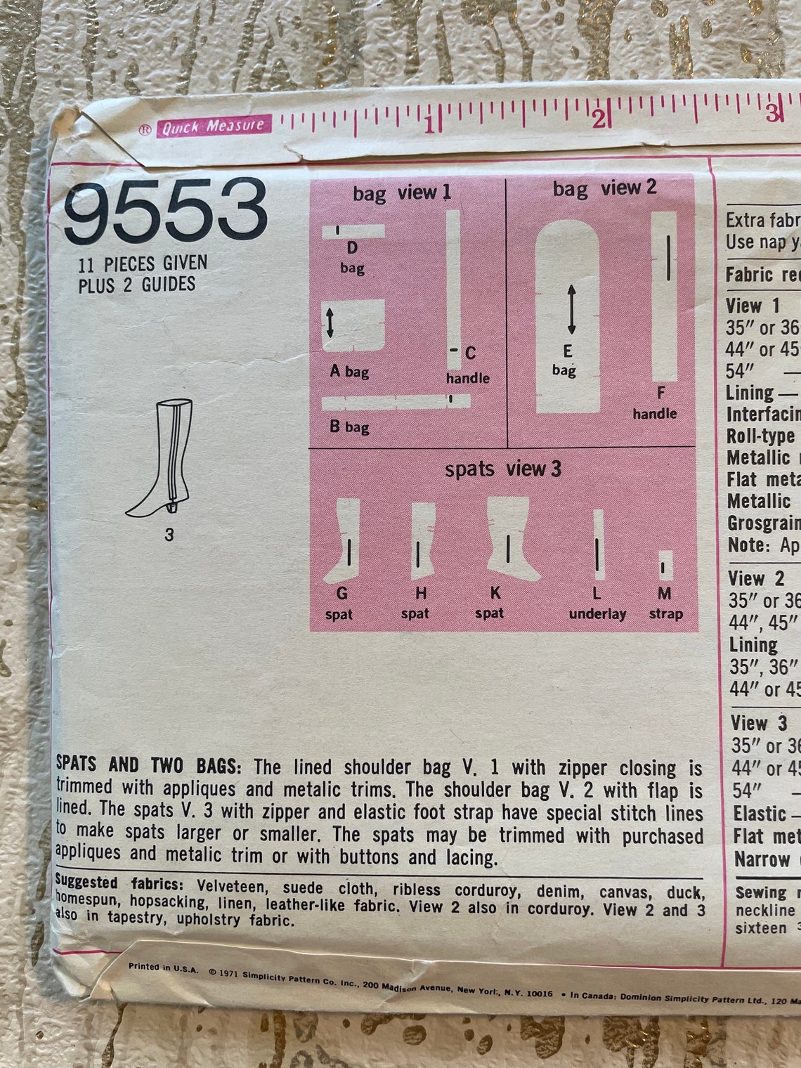 Simplicity Sewing Pattern 9553 Shoulder Bag Spats Vintage 1970s Cut - Etsy