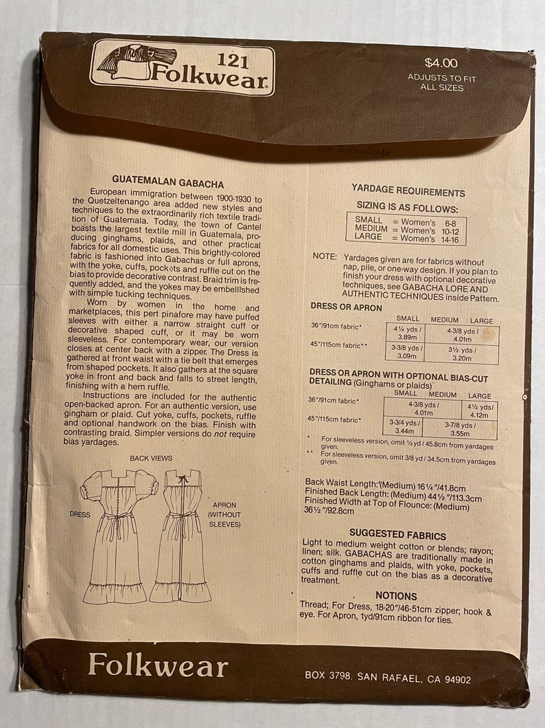 Folkwear Ethnic Sewing Pattern 121 Guatemalan Gabacha Dress and Apron ...
