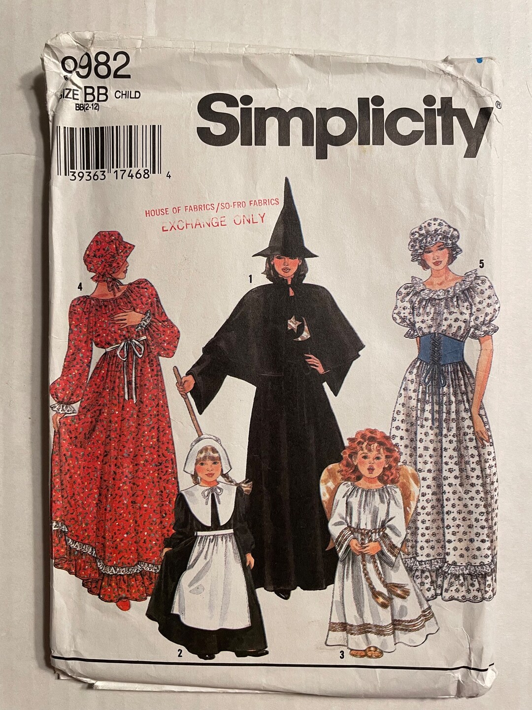 Simplicity Sewing Pattern 9982 Girls Childs Costume Witch Angel Pilgrim ...
