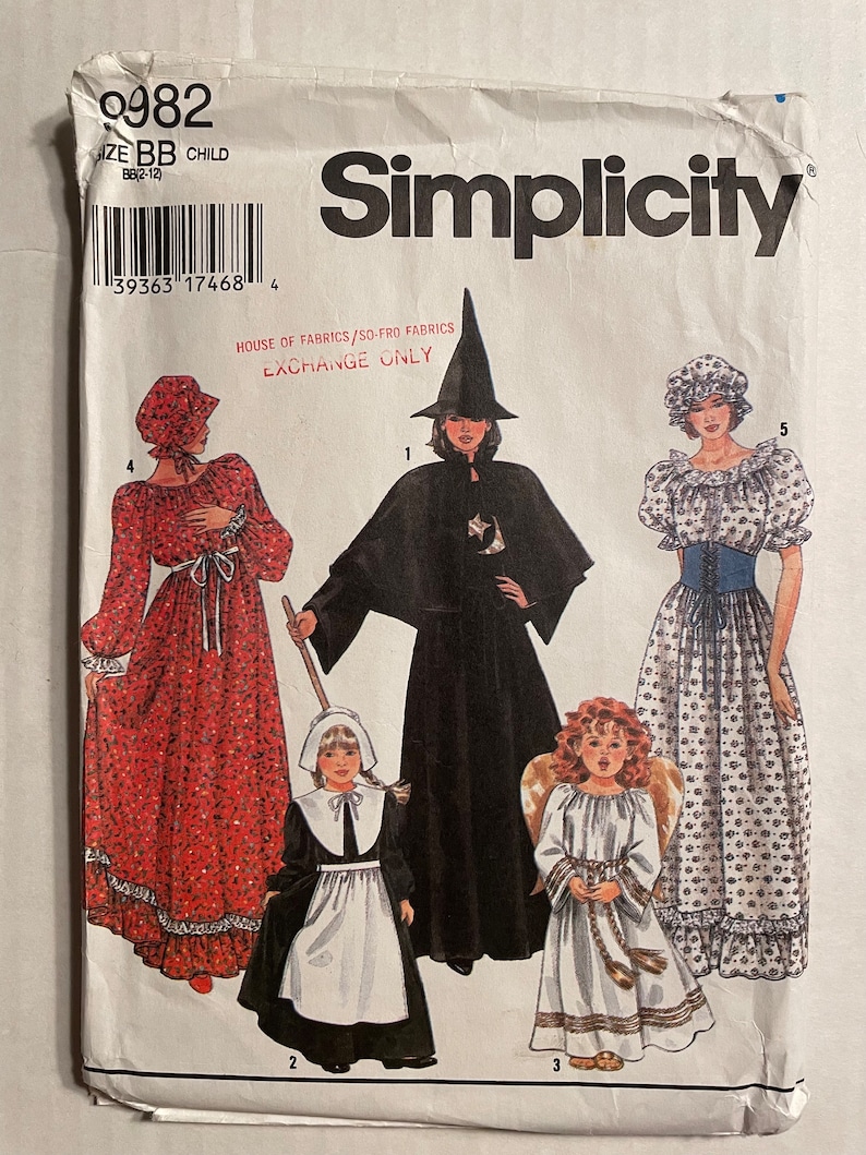Simplicity Sewing Pattern 9982 Girls Childs Costume Witch Angel Pilgrim ...