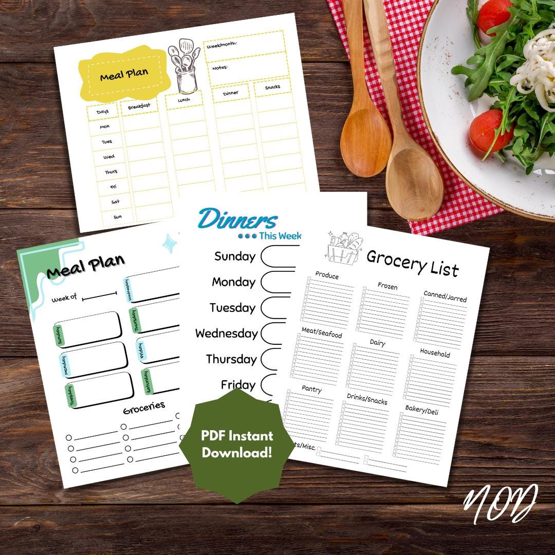 Meal Planning Template Grocery List Template Instant Download Weekly