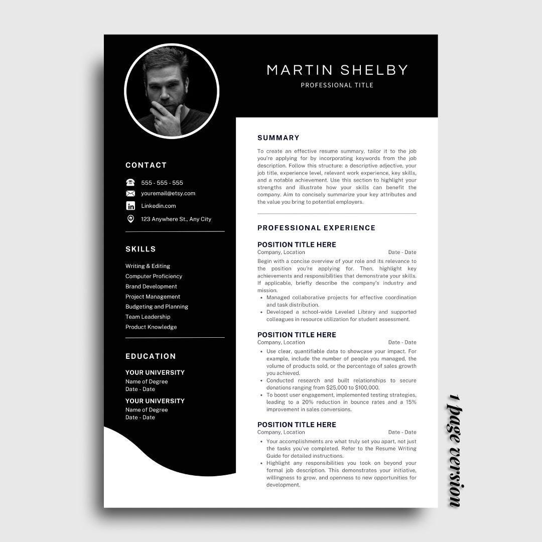Professional Resume Template Canva 1 Page Cv Template 2 Page Resume ...
