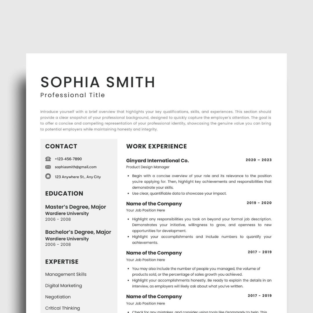 Professional Minimalist Resume CV With Cover Letter, 1 Page Cv Template ...
