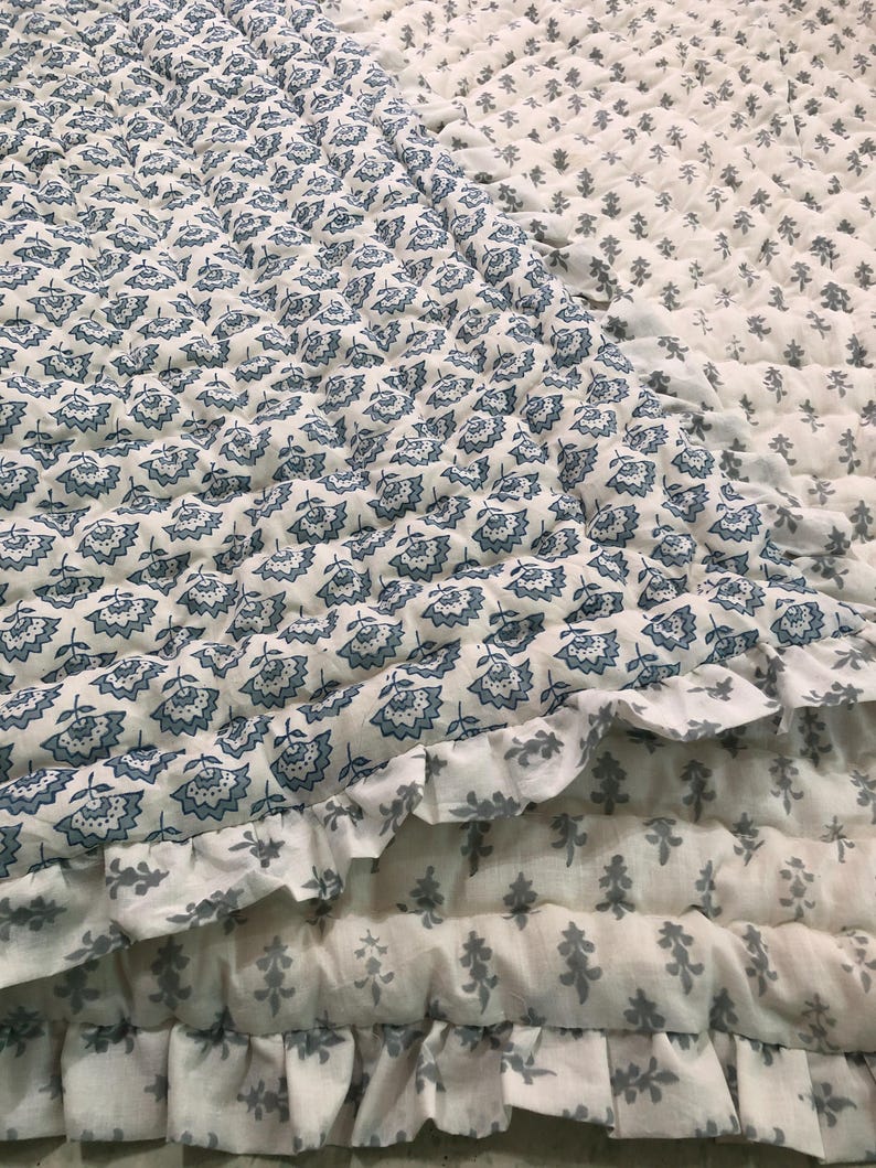 Hand Block Print Baby Quilt With Ruffles, Floral Cotton Nursery Bedding ...