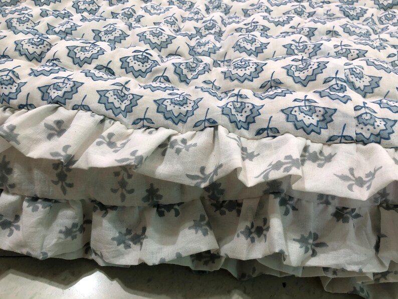 Hand Block Print Baby Quilt With Ruffles, Floral Cotton Nursery Bedding ...