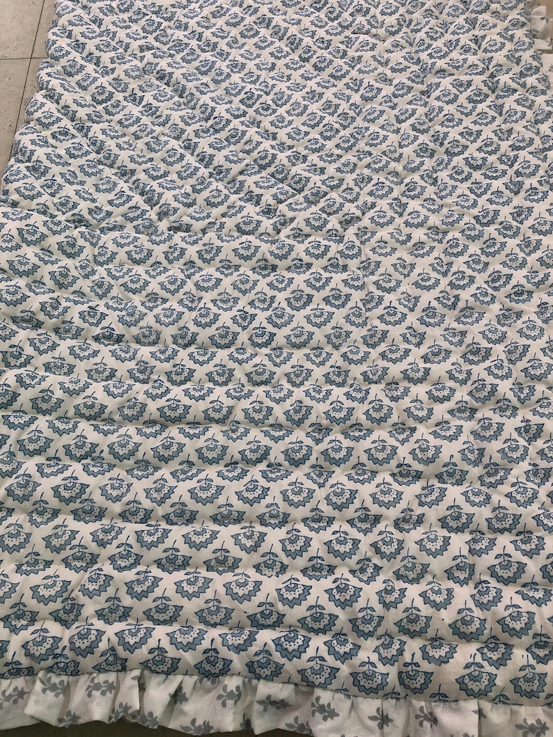 Hand Block Print Baby Quilt With Ruffles, Floral Cotton Nursery Bedding ...
