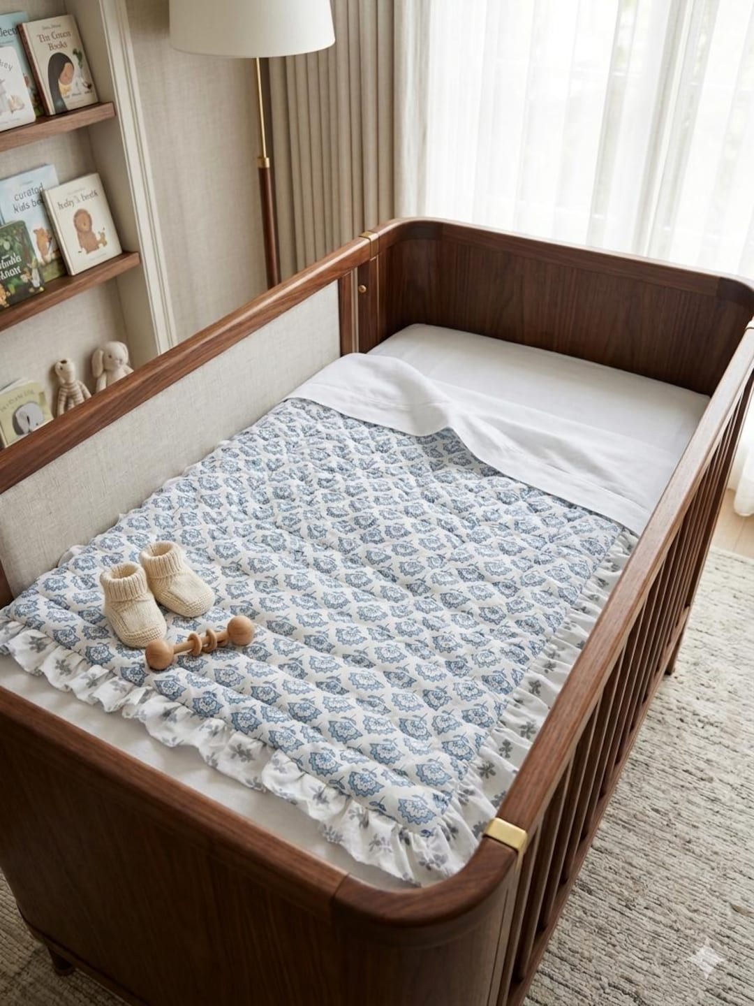 Hand Block Print Baby Quilt With Ruffles, Floral Cotton Nursery Bedding ...