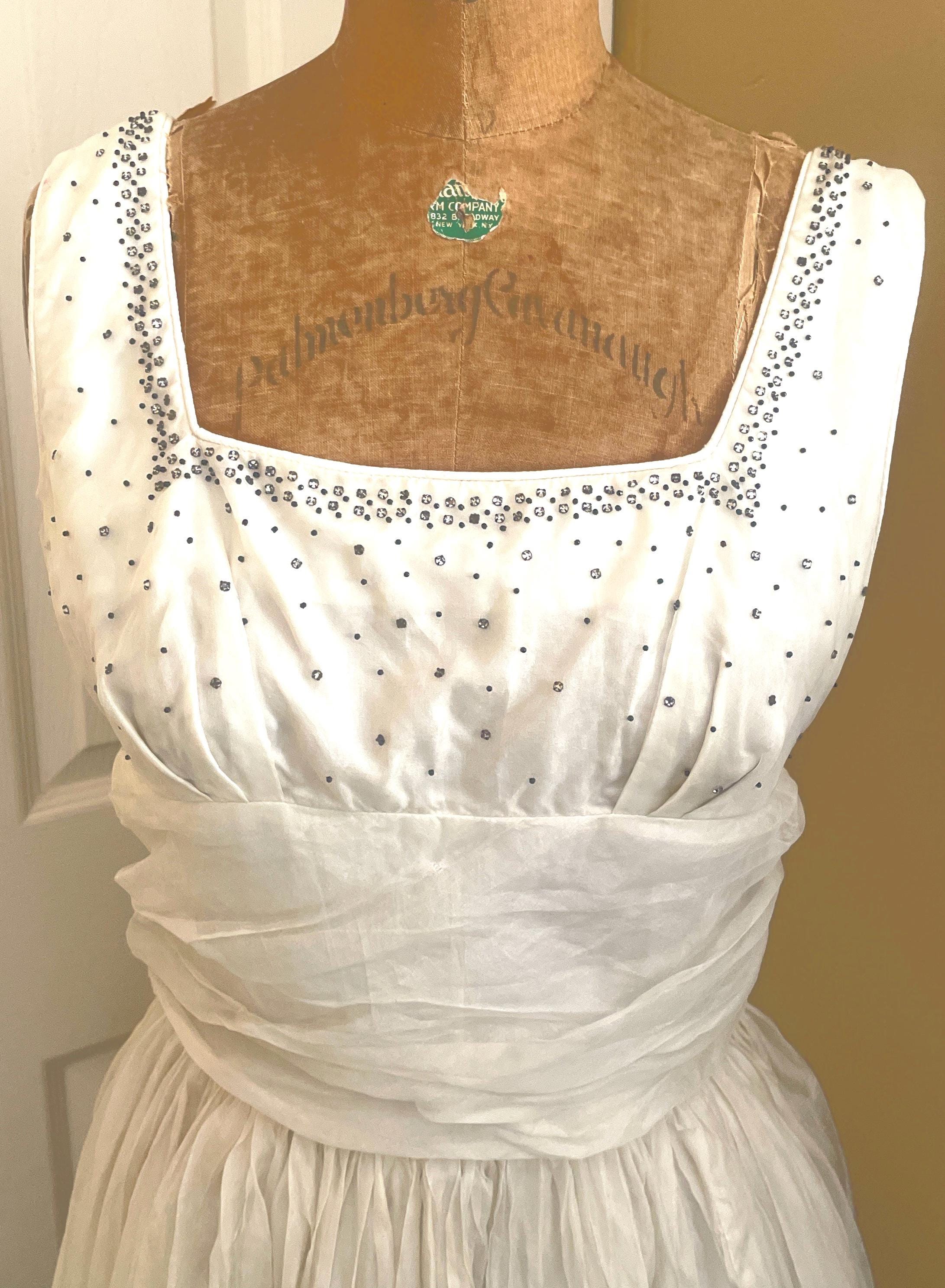 1950’s White Chiffon Prom Dress, 50’s Cocktail Dress, Swing Dance Dress ...