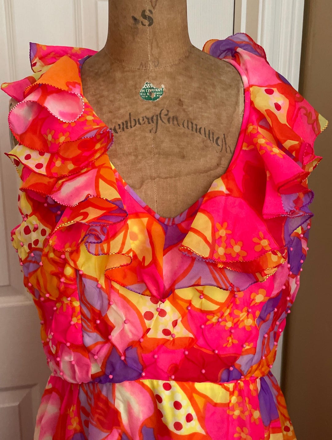 1970’s Neon Floral Print Maxi Dress, 70’s Party Dress, 1960’s Maxi ...