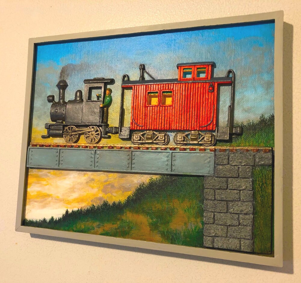 Train Art Original Train Painting Framed Relief Horizon Steel Bridge ...