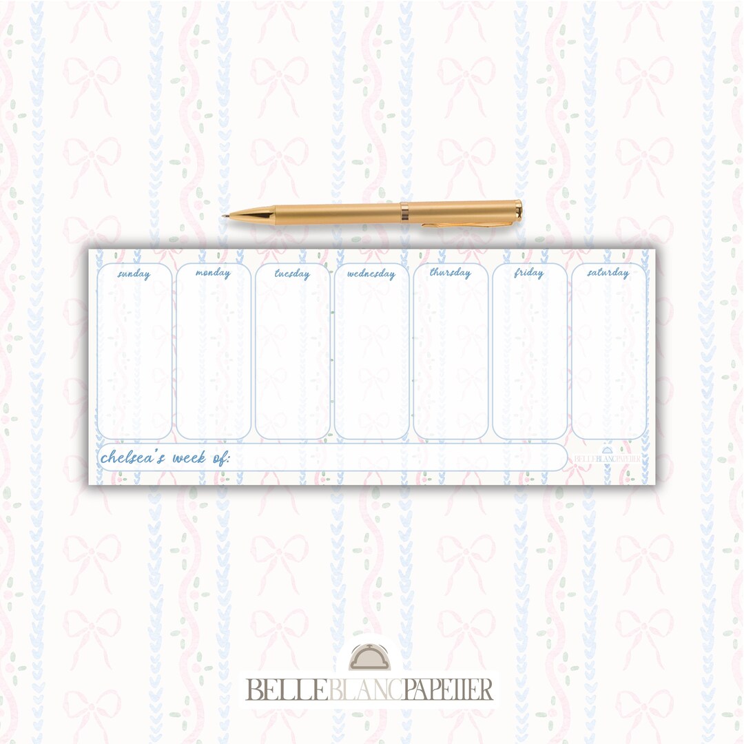 Work Week Planner Notepad Pink & Blue Bow | Customized Personalized ...