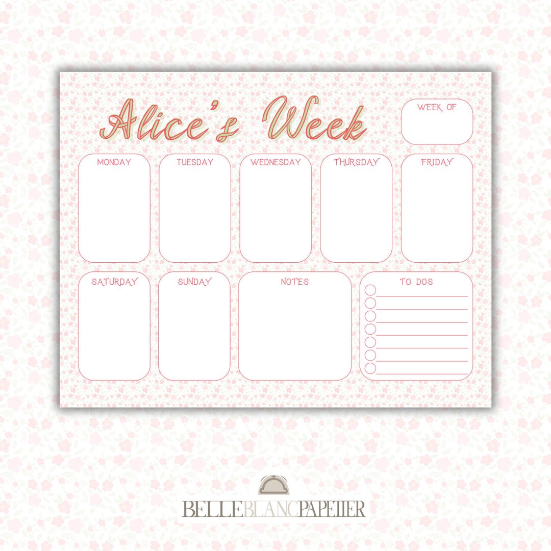 Weekly Calendar Notepad Personalized Pink Green Pastel Watercolor ...