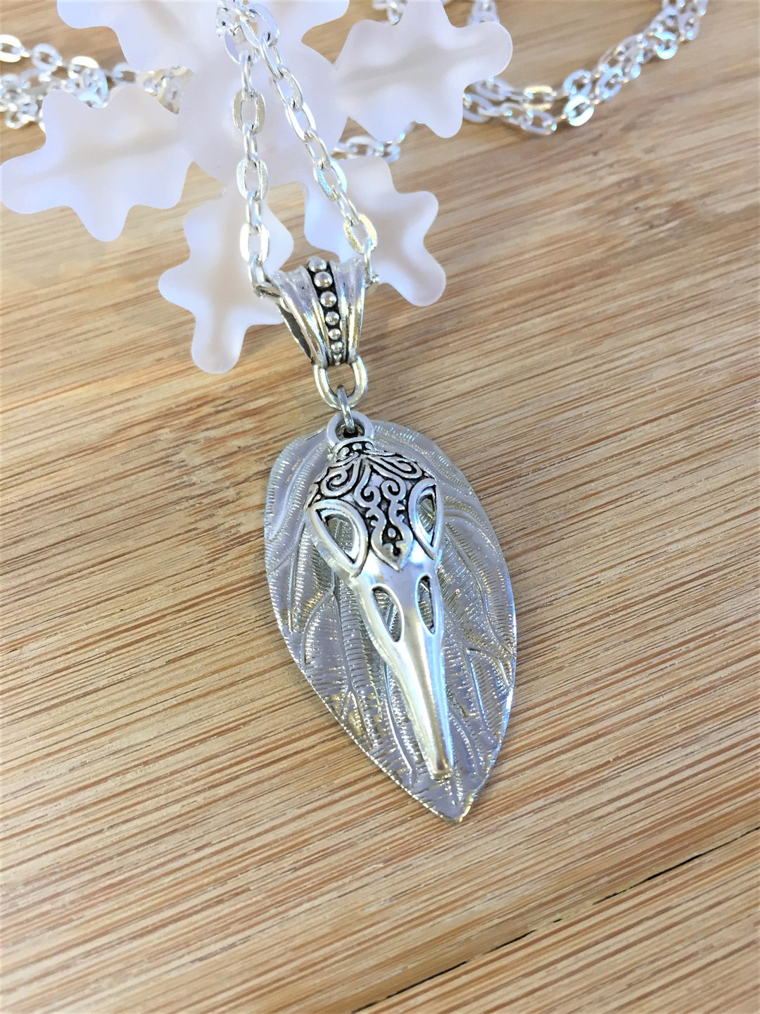 Fancy Raven Skull Shimmer Leaf Silver Plate Necklace Pendant - Etsy