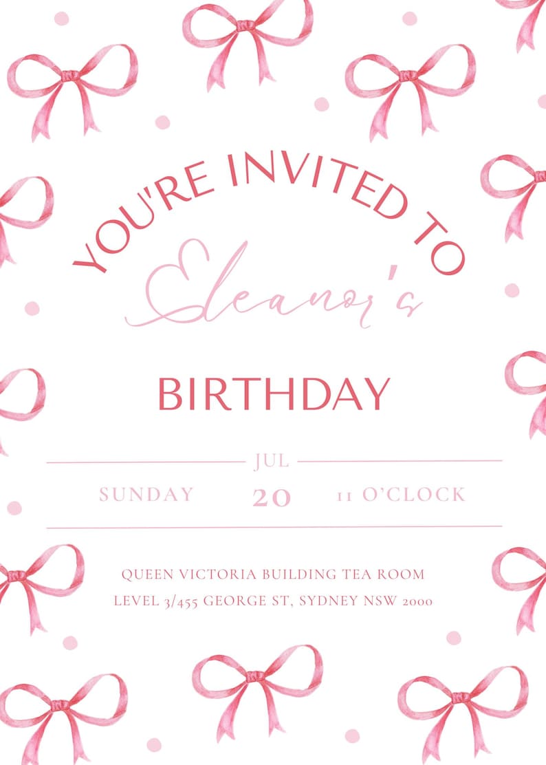 Bow Birthday Invitation | Editable Canva Template | Pink Bow Theme - Etsy