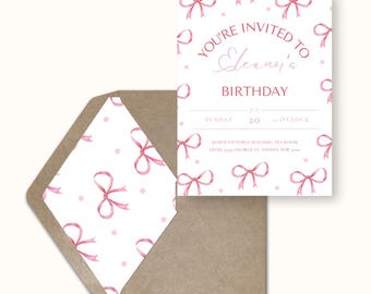Bow Birthday Invitation | Editable Canva Template | Pink Bow Theme - Etsy