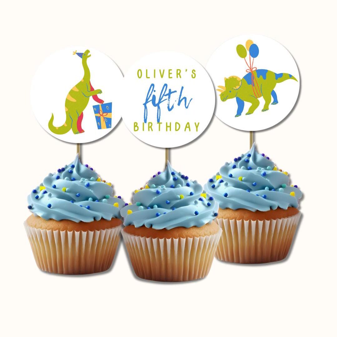 Dinosaur Cupcake Toppers | Editable Canva Template | Cartoon Dinosaur ...