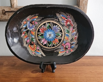 Vintage Mexican Batea Hand Painted Tole Tray Wood Folk Art Bowl. 15 ...