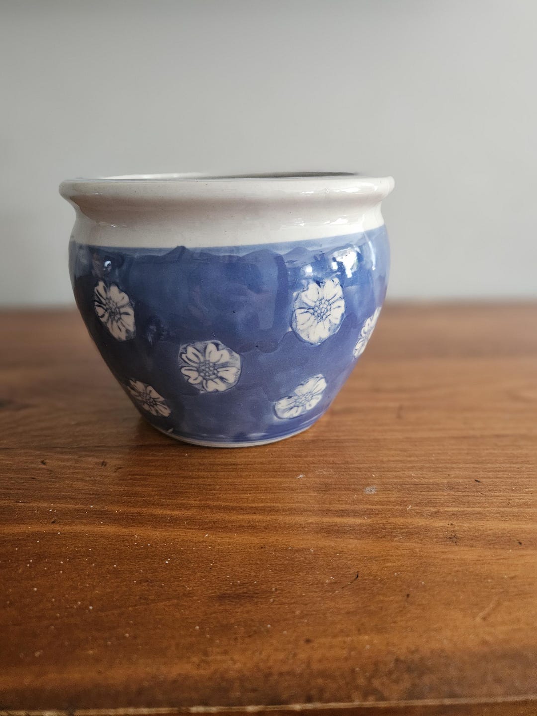 Hand-painted Blue Flower Pot With White Floral Design | Vintage Ceramic ...