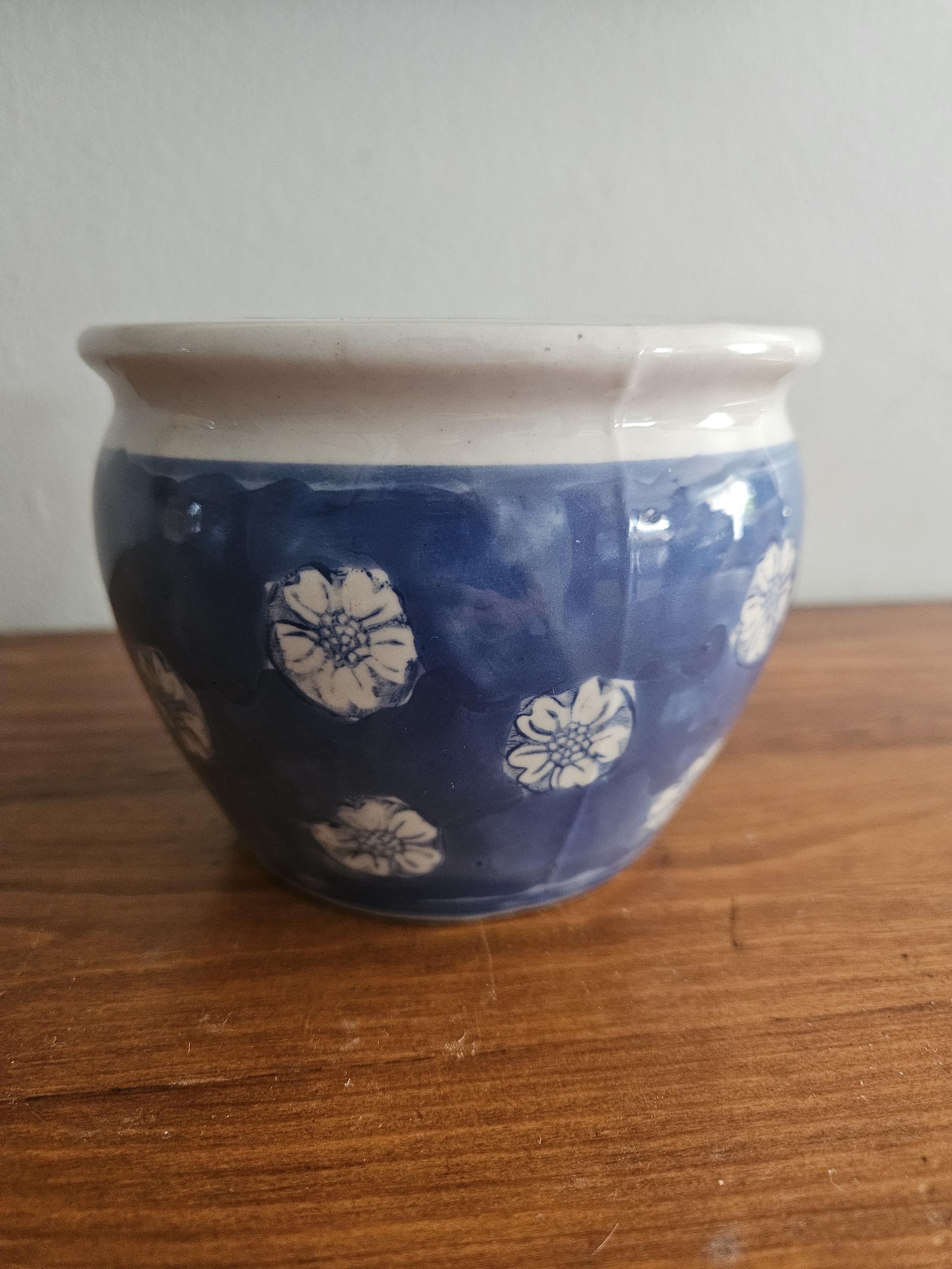 Hand-painted Blue Flower Pot With White Floral Design | Vintage Ceramic ...
