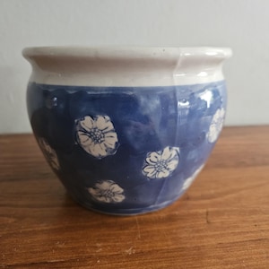 Hand-painted Blue Flower Pot With White Floral Design | Vintage Ceramic ...