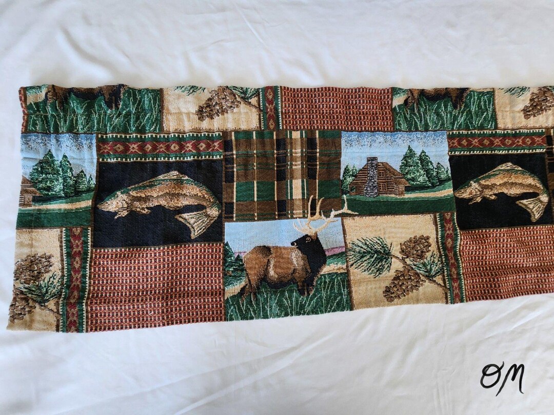 Vintage Tapestry Log Cabin Moose Fish Rustic 76"x16" Window Valance ...