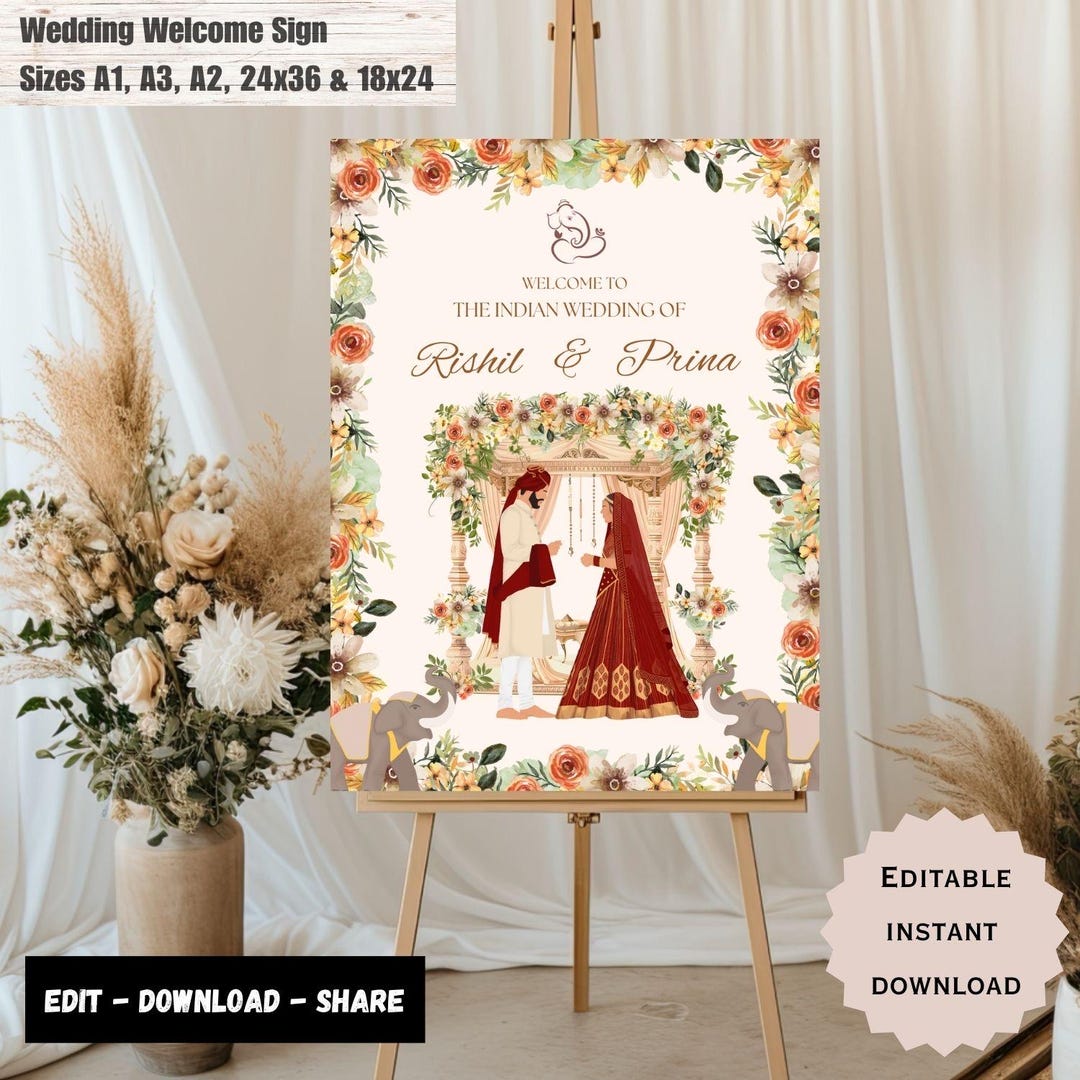 Bride and Groom Indian Wedding Welcome Sign Template, Indian Wedding ...