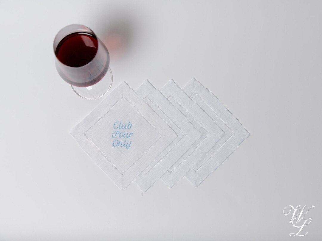 Club Pour Only, Embroidered Cocktail Napkins, Linen Napkins, Beverage ...