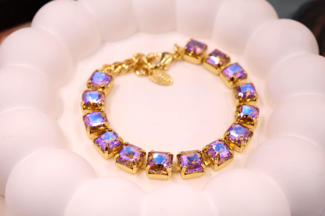 Purple Aurora Aspen Cut Austrian Crystal Bracelet - Gold Plated Bridal ...