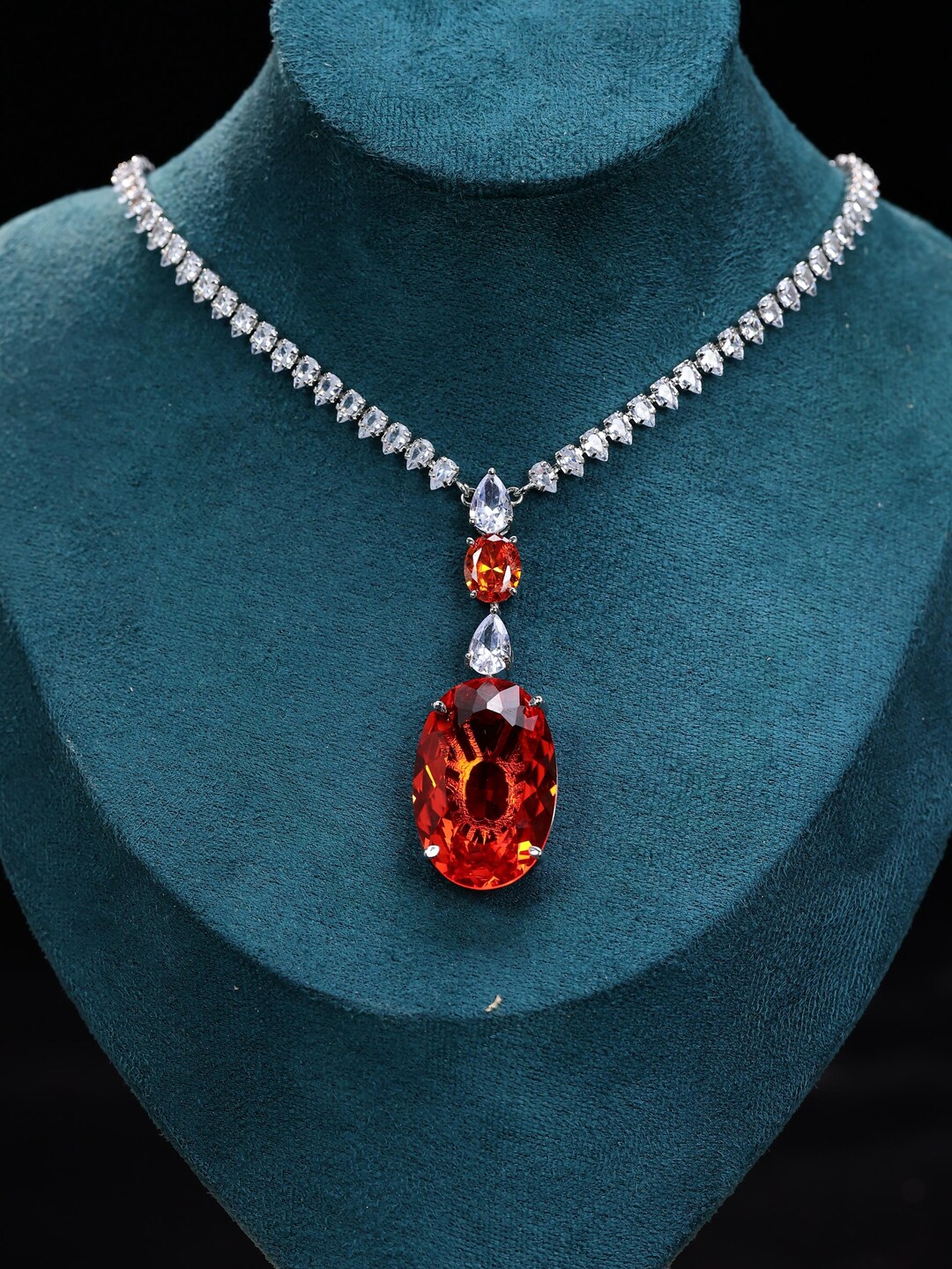 Ruby Crystal Pendant Necklace: 18k White Gold Plated Brass - Etsy