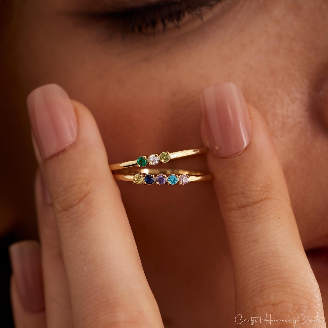 Personalized Birthstone Ring, Family Birthstone Ring, 18K Gold Daily ...
