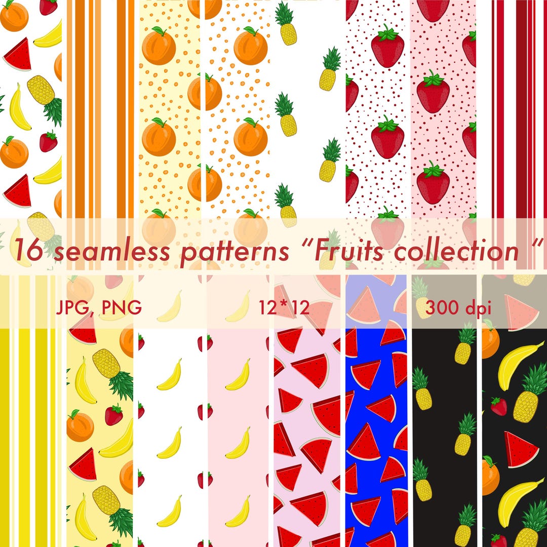Fruits Collection Seamless Pattern. Digital Papers. Fruit Scrapbooking ...