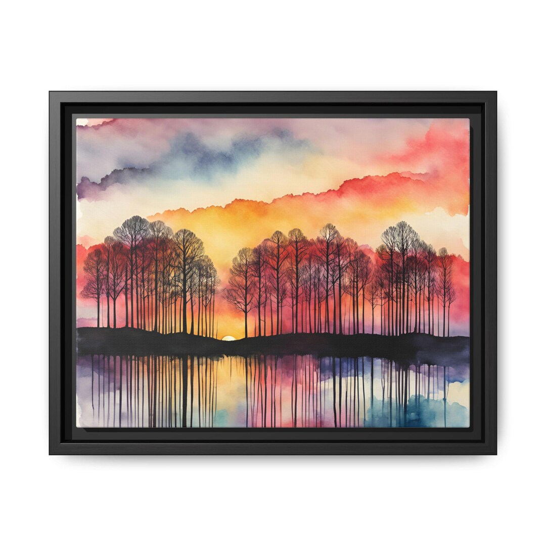 Canvas Art, Watercolor Sunset Tree Line Reflection, Framed Wall Decor ...