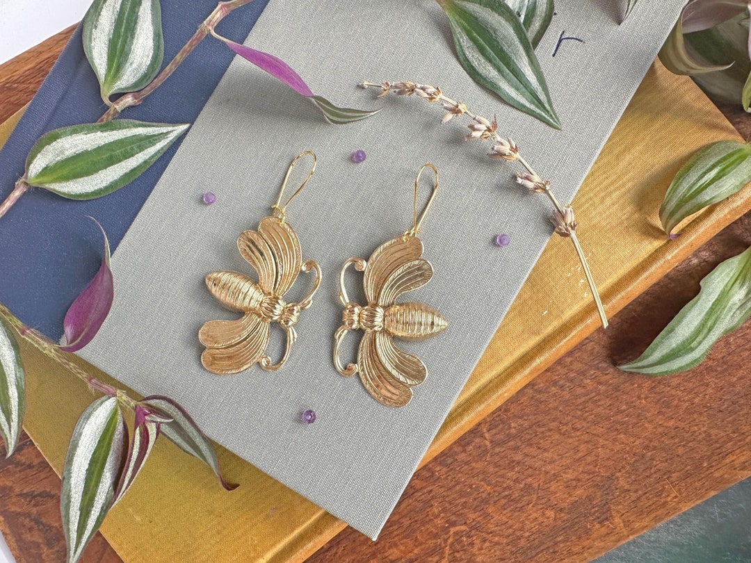 Big Gold Bees Brass Insect Bug Earrings | Vintage Art Nouveau Style ...