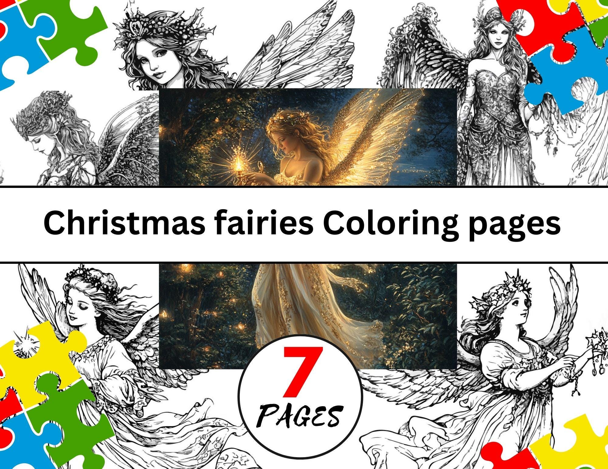 Christmas Fairies Collection Girls Coloring Book 7 Page Grayscale ...