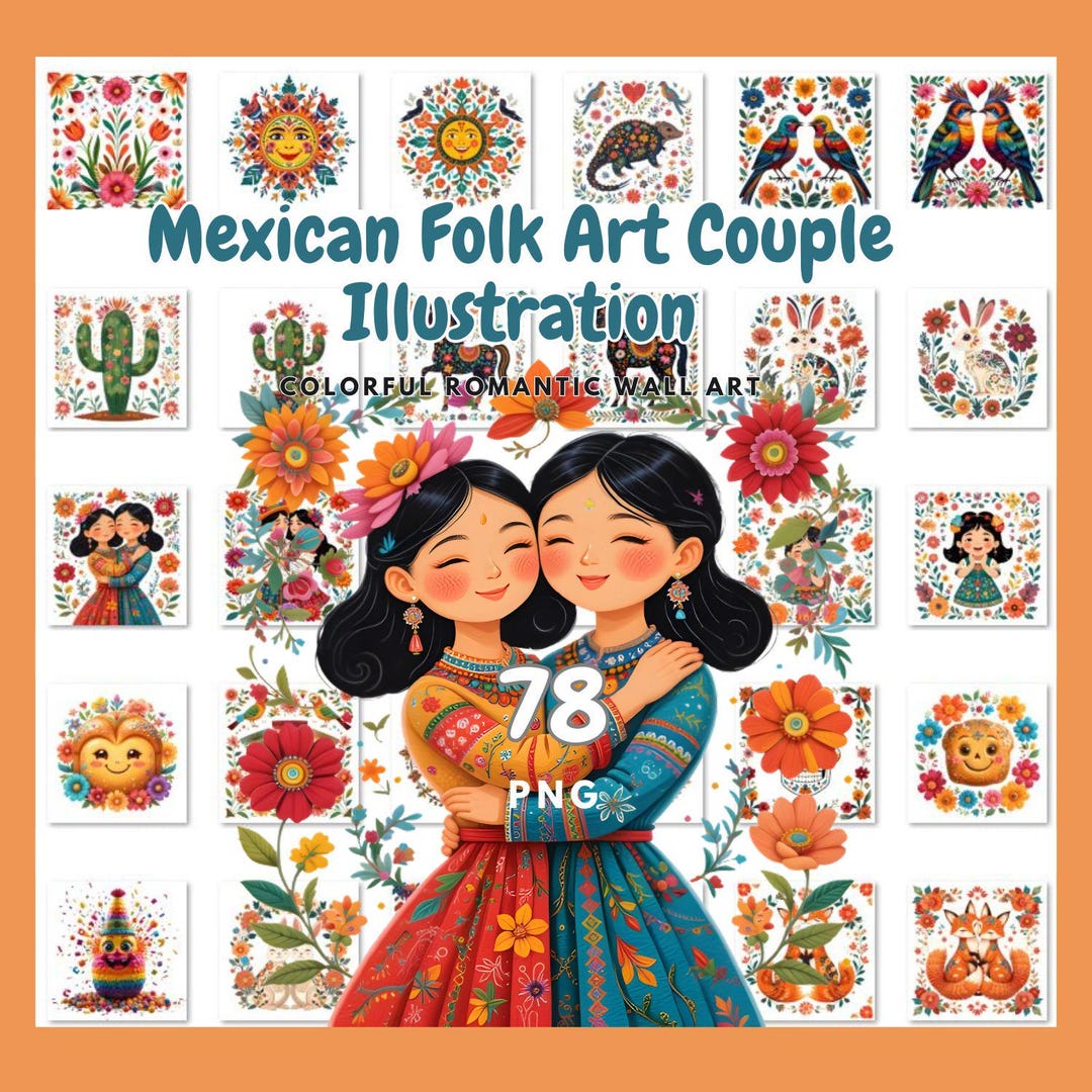 Mexican Folk Art Couple Illustration | Colorful Romantic Wall Art | PNG ...