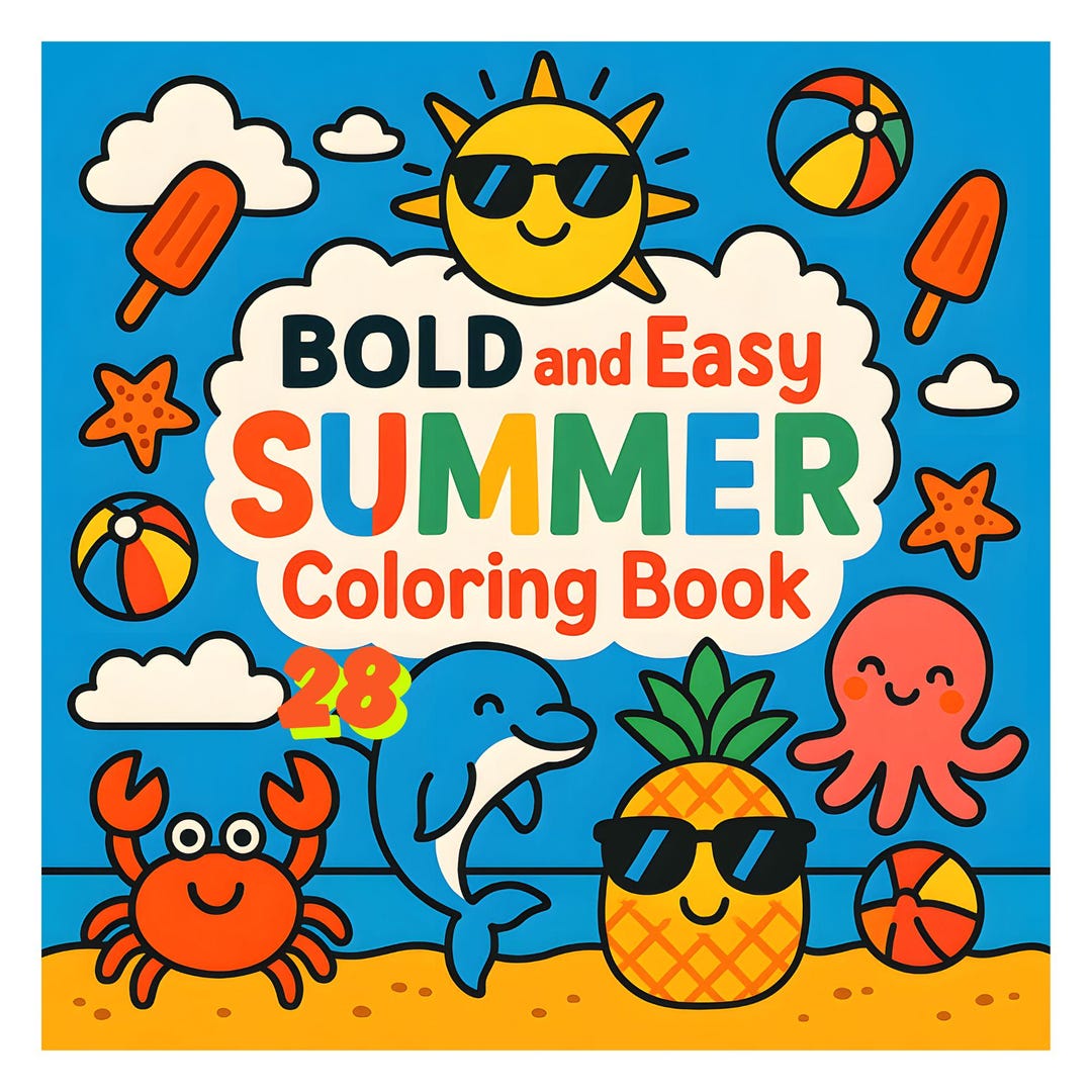 Bold and Easy Summer Coloring Book Cover – Cute Beach Theme (8.5" X 8.5 ...