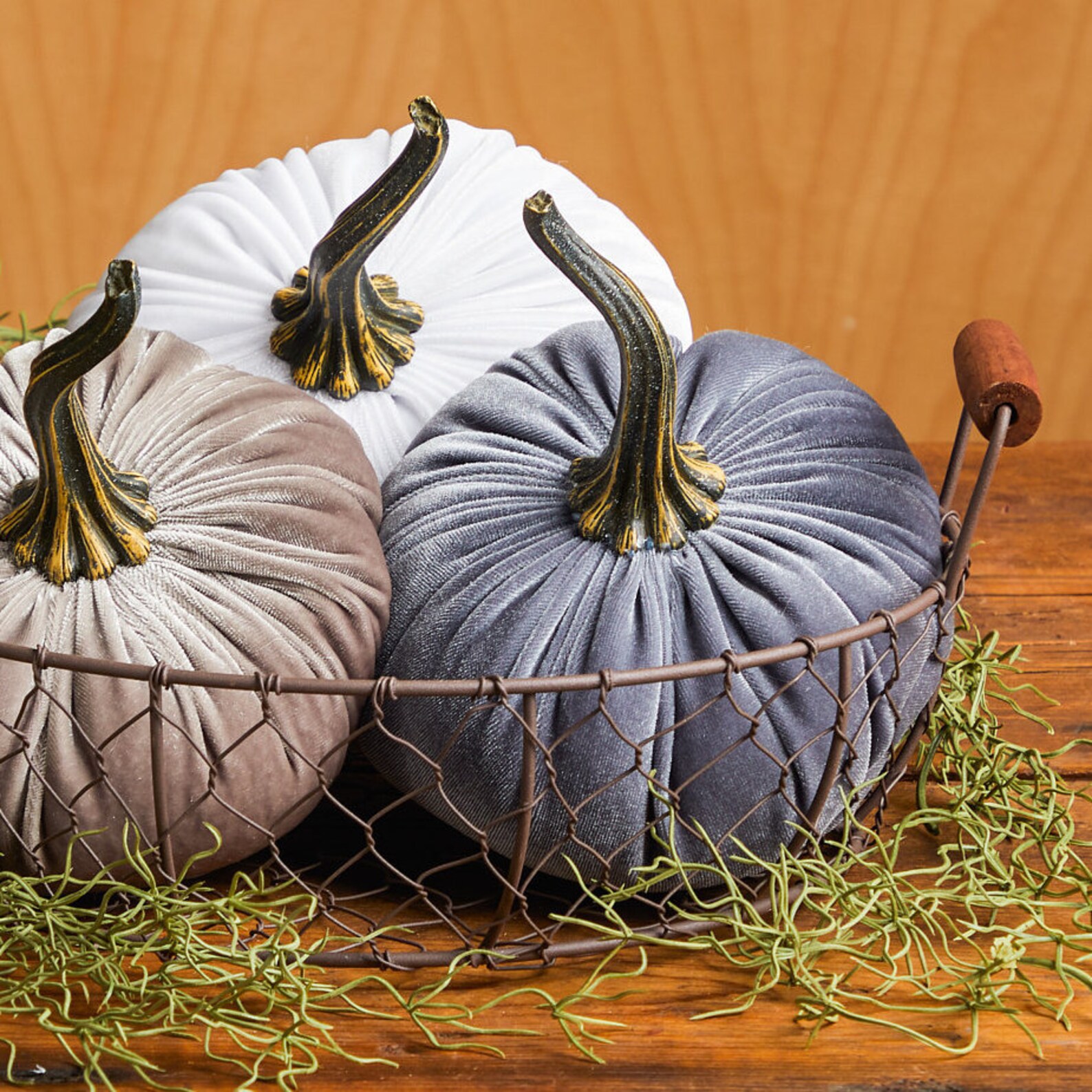 Large Velvet Pumpkins and Basket Centerpiece Set, Modern Rustic ...