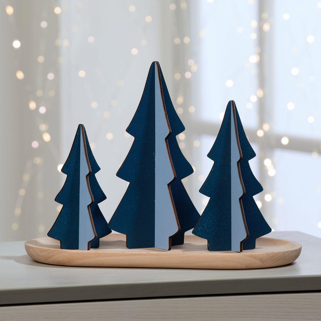 Set of 3 Slate Blue Wood Trees, Sustainable Holiday Decor, Vintage ...