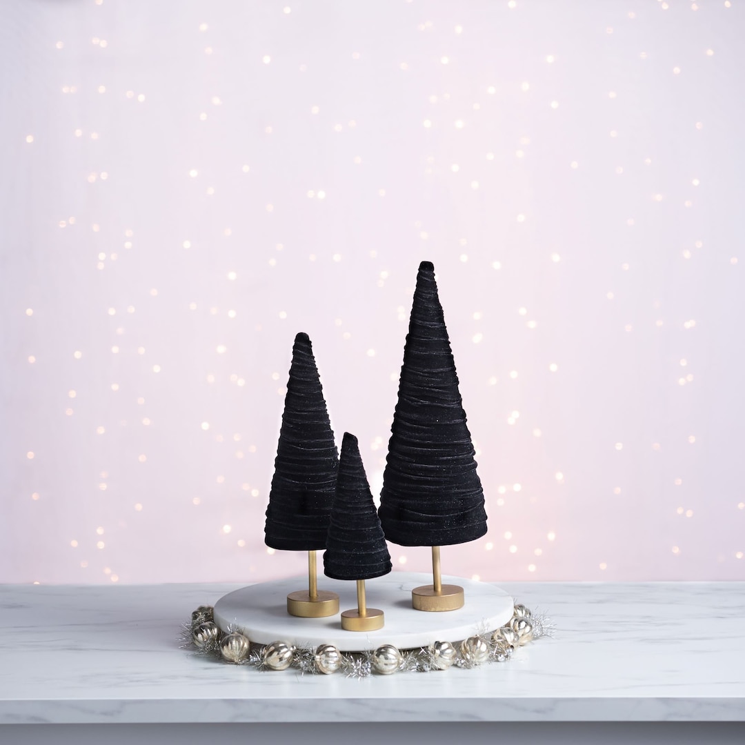 Black Pedestal Velvet Trees Set of 3, Minimalist Mantel Décor, Gothic ...