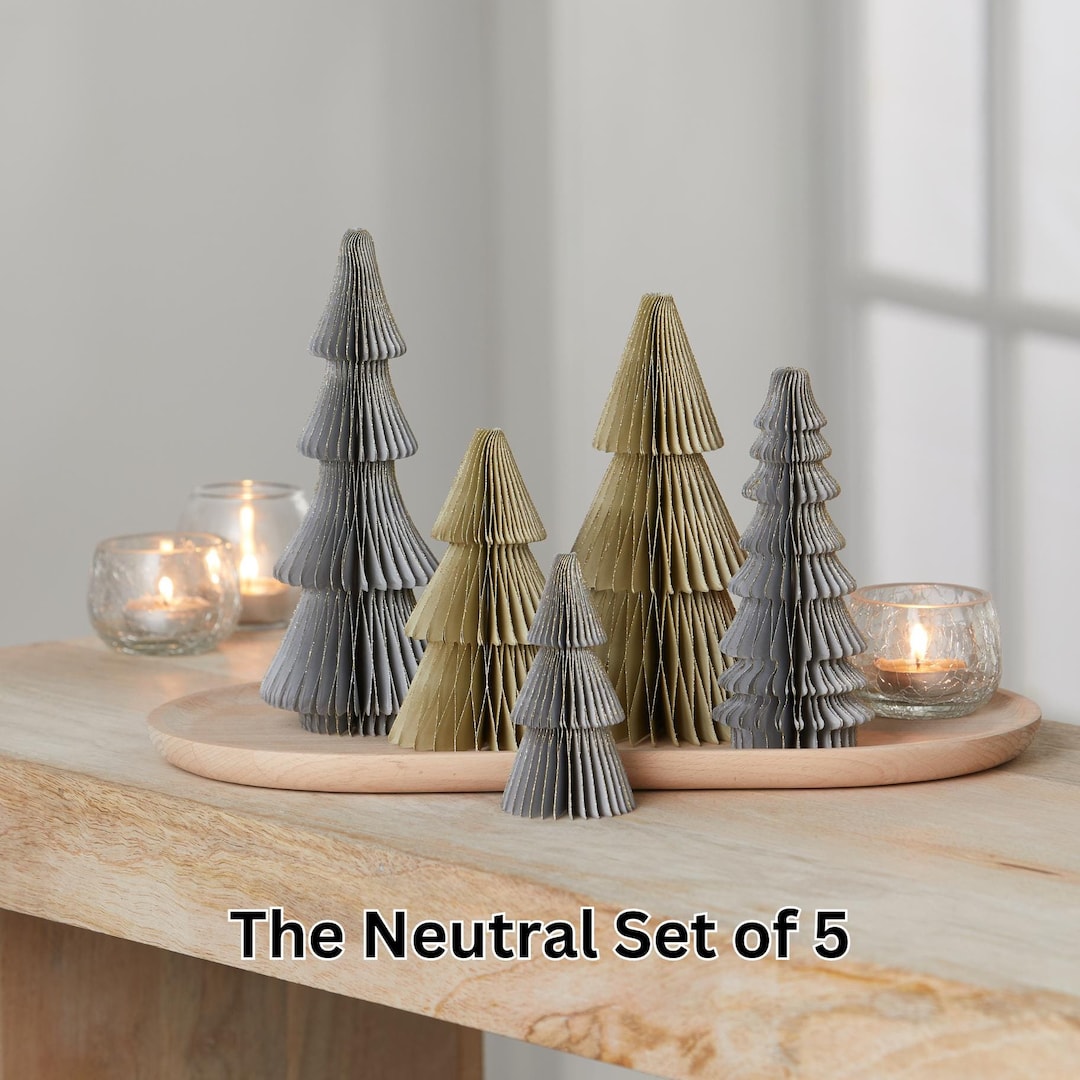 Honeycomb Paper Tree Set of 5 Neutral, 4"- 8" Tall, Gold Glitter Edging ...
