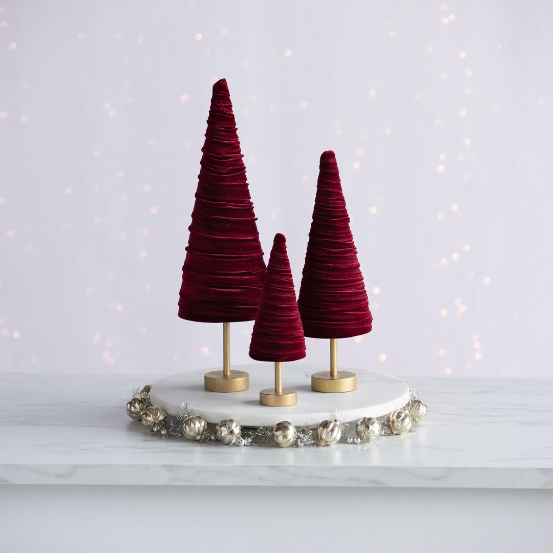 Burgundy Velvet Trees Pedestal Set of 3, Valentines Decor or Home ...