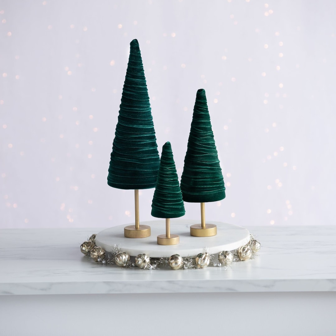 Pedestal Velvet Trees, Set of 3 Emerald, Modern Christmas Decor, Mantel ...