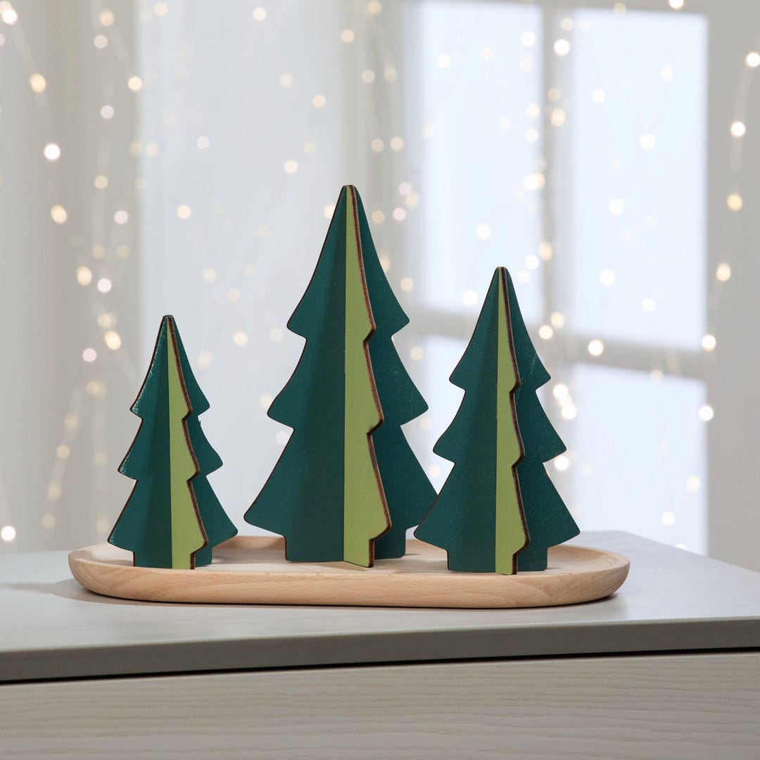 Set of 3 Celadon Interlocking Wood Trees, Blue Green Color Combination ...