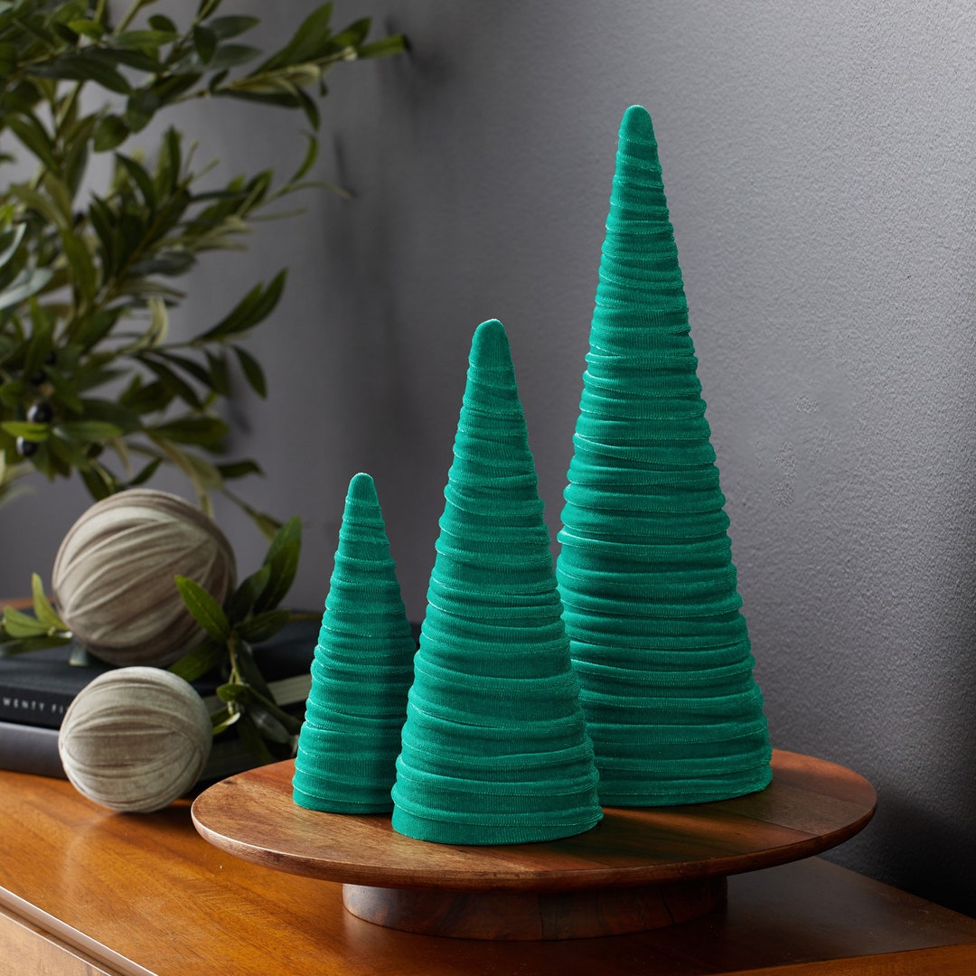Green Velvet Cones Set of 3, True Green Mantel Decor, Christmas ...