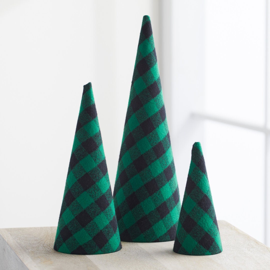 Trees Set of 3 Green Check Plaid Flannel, Rustic Home Decor, Tabletop ...
