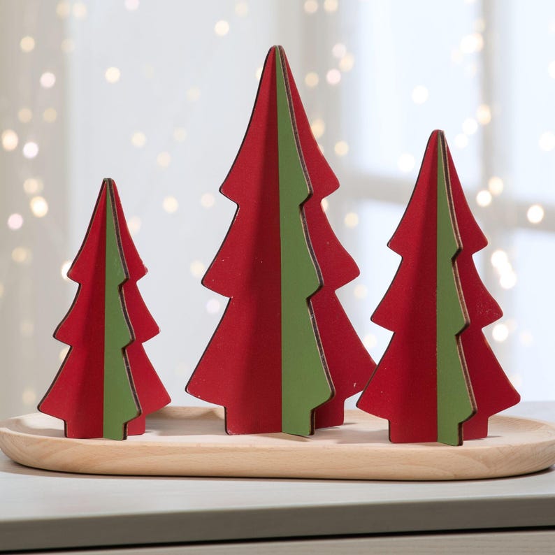 Set of 15 Wooden Interlocking Trees, Winter Tabletop Decor, Christmas ...