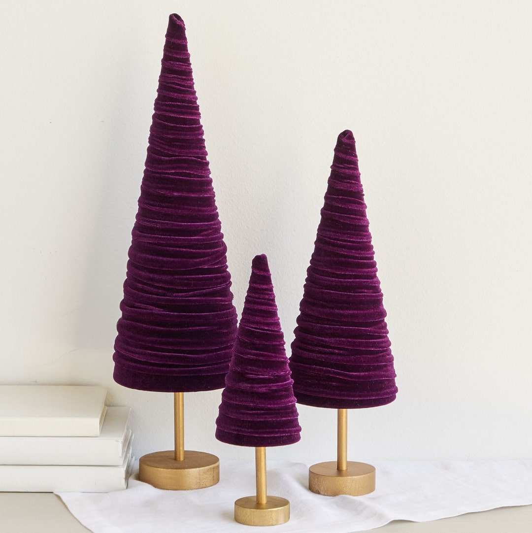 Plum Pedestal Velvet Trees Set of 3, Everyday Mantel Décor, Purple ...
