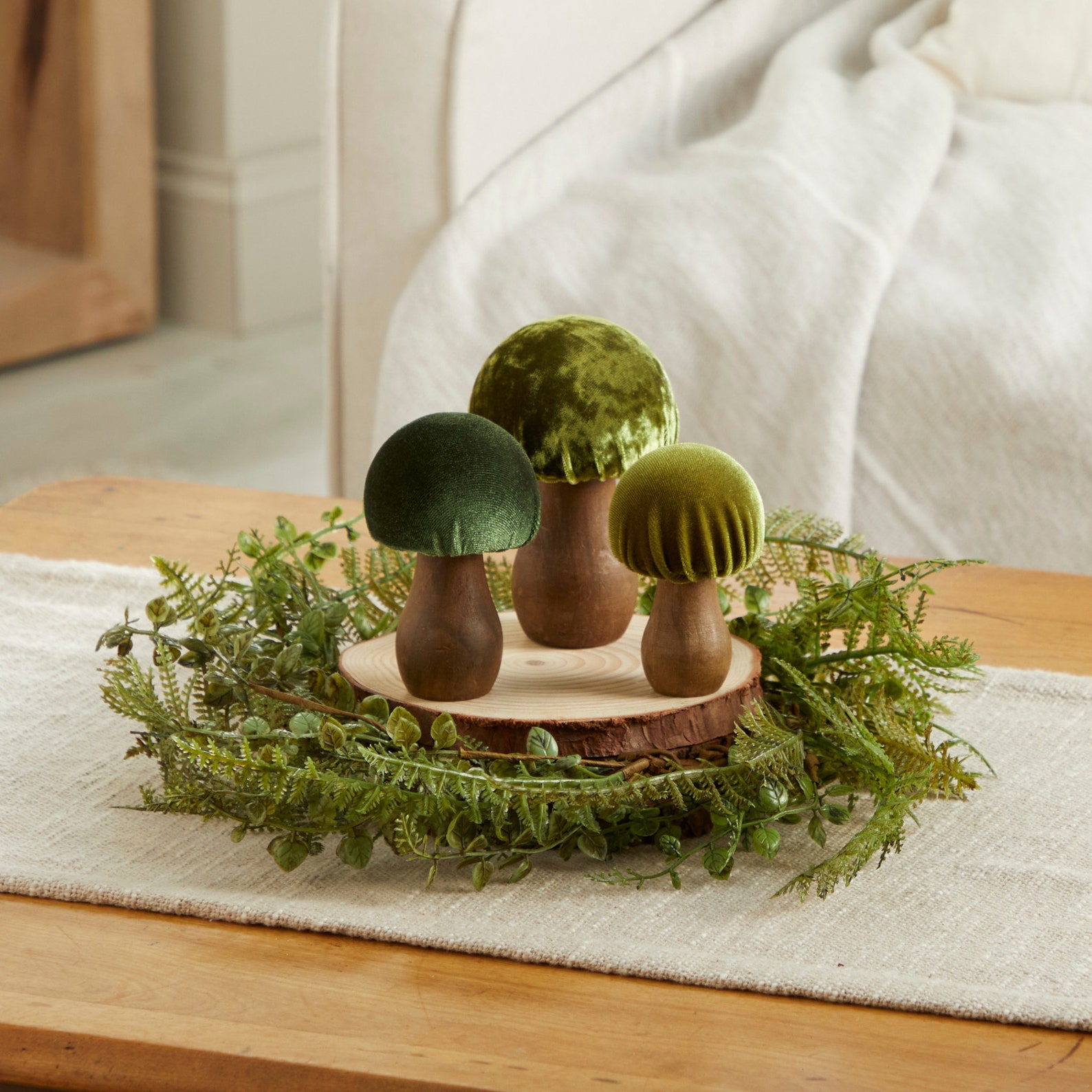 Velvet Mushrooms Decor Set of 3, Olive Green Fall Decor for Home ...