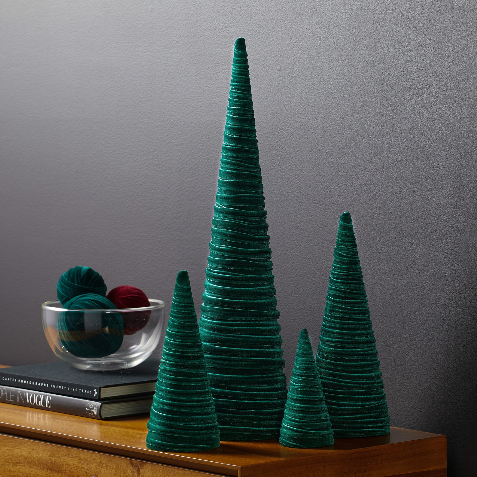 Velvet Trees Set of 4 Emerald, Valentine's Modern Mantle Decor ...