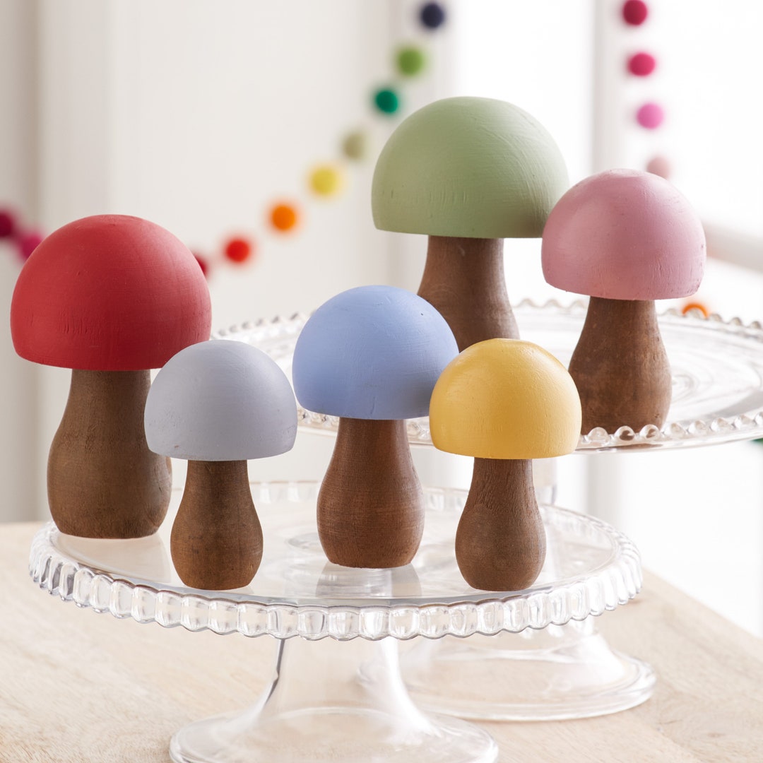 Custom Colors Wood Mushrooms Set of 6, Pastel Mushroom Decor Nature ...
